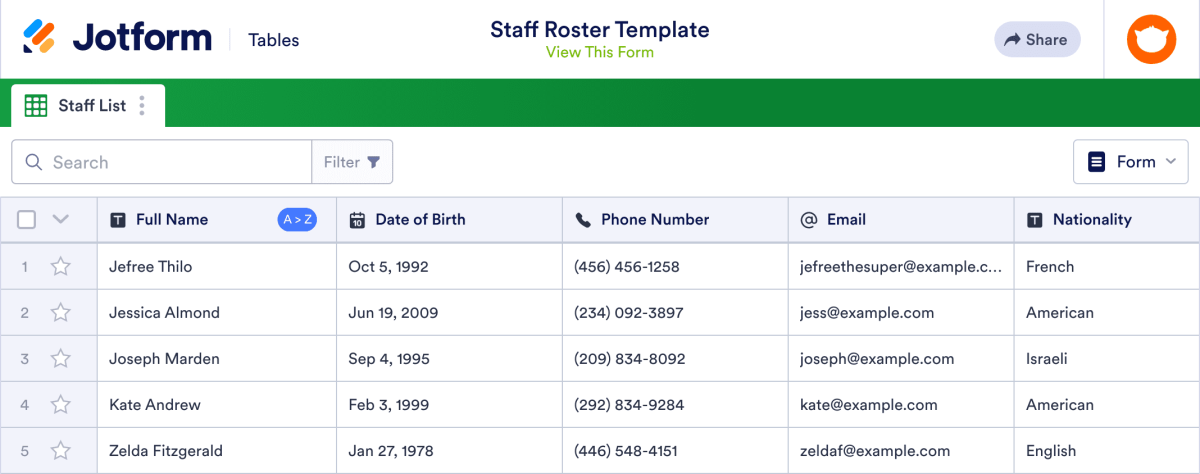 Staff Roster Template | Jotform Tables