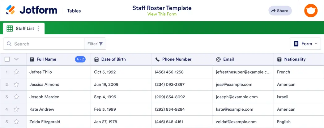 Staff Roster Template | Jotform Tables