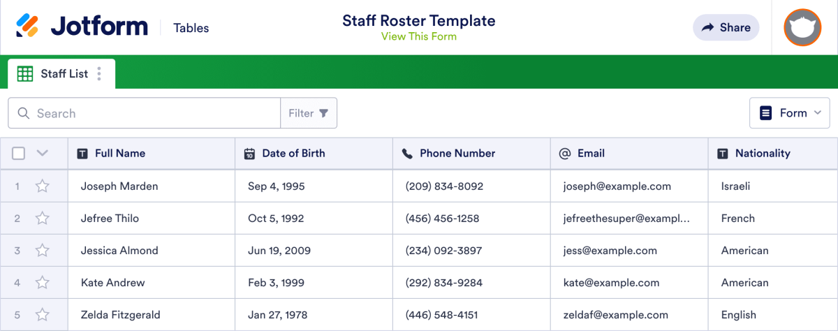 Staff Roster Template | Jotform Tables
