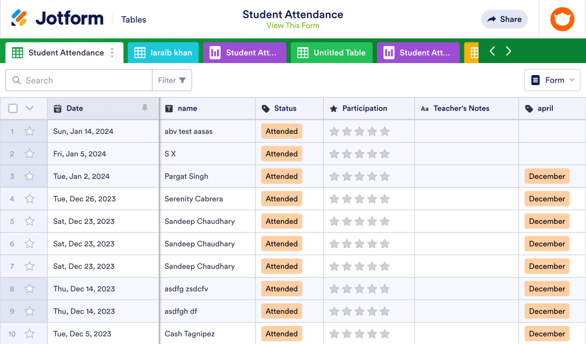 Student Attendance Sheet Template | Jotform Tables