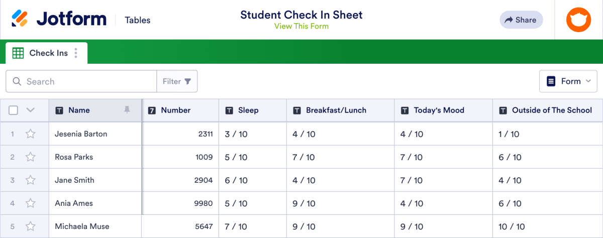 Student Check In Sheet Template | Jotform Tables