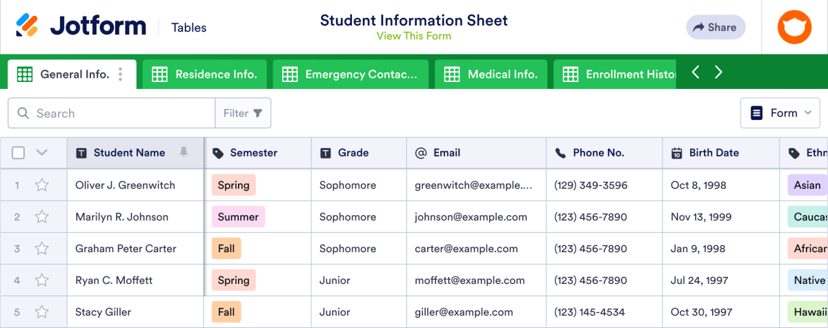 Student Information Sheet Template | Jotform Tables