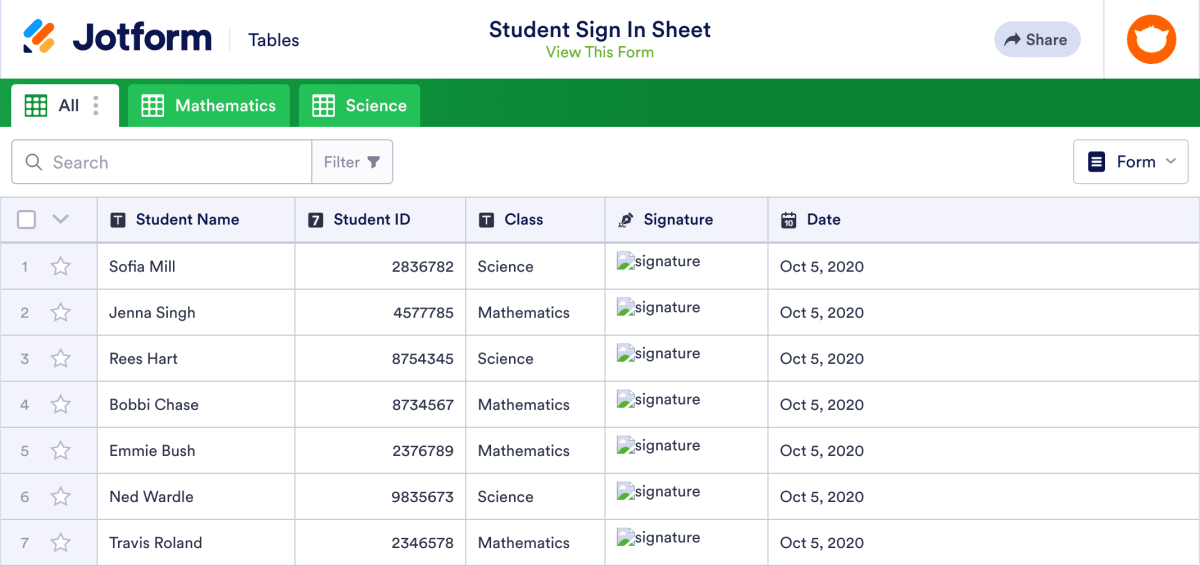 Student Sign In Sheet Template | Jotform Tables