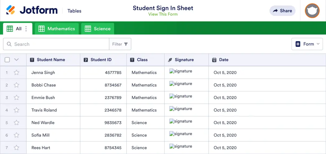 Student Sign In Sheet Template | Jotform Tables