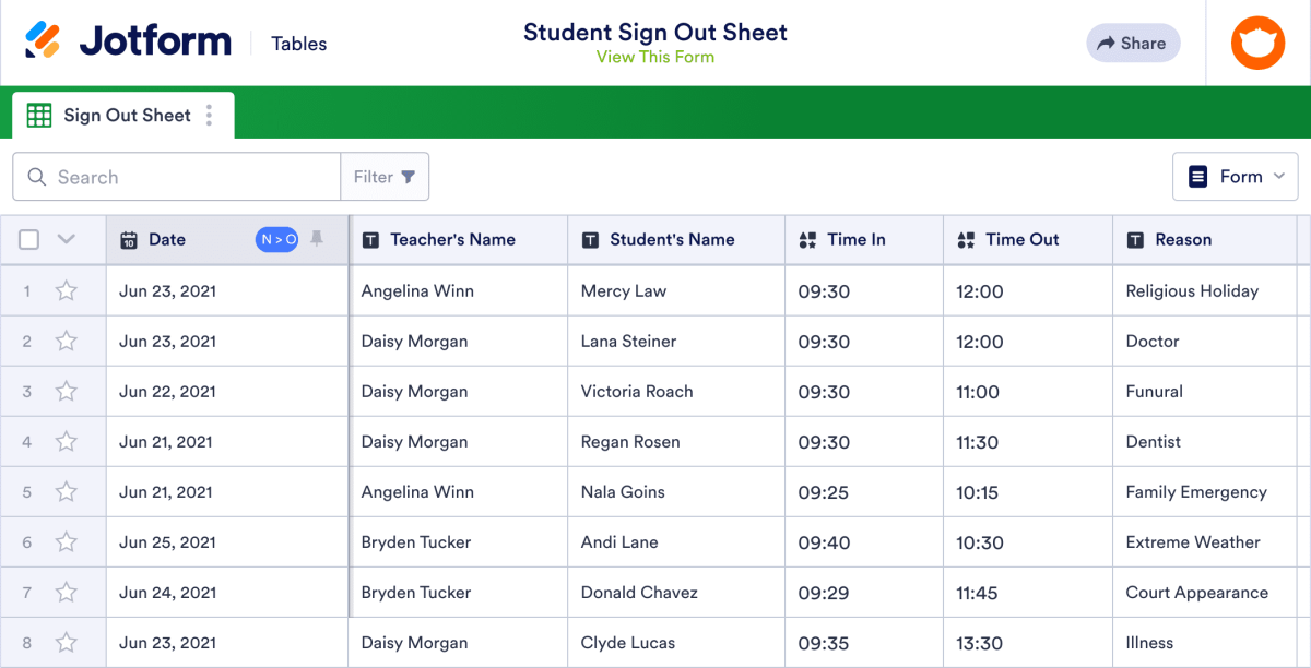 Student Sign Out Sheet Template | Jotform Tables