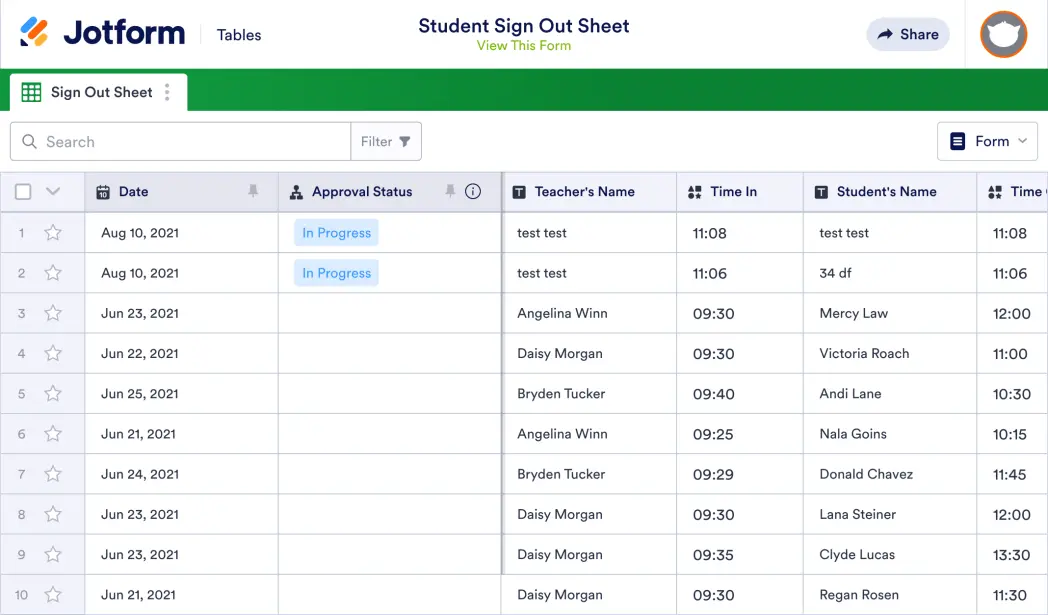 Student Sign Out Sheet Template | Jotform Tables