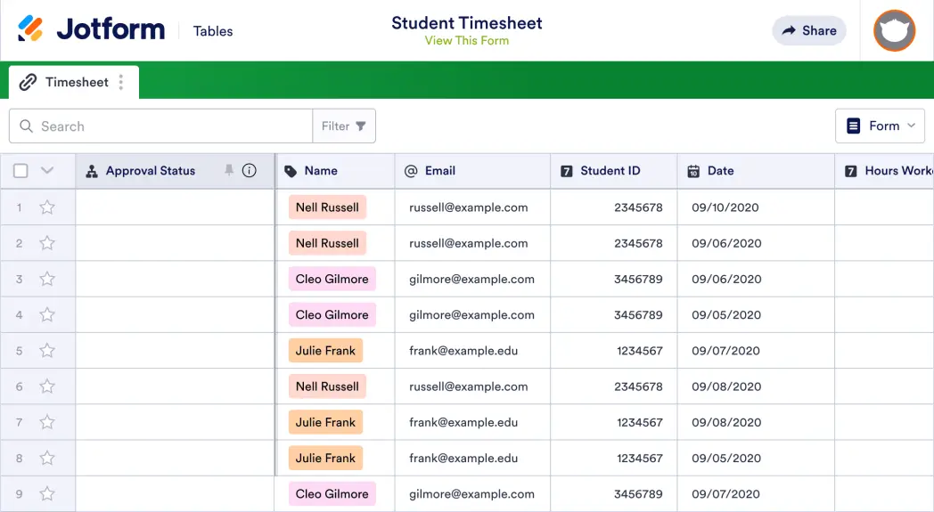 Student Timesheet Template | Jotform Tables