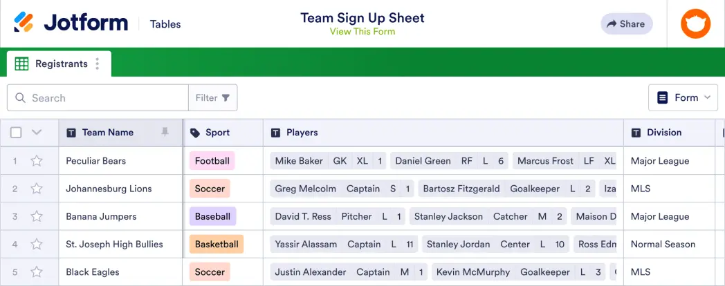 Team Sign Up Sheet Template | Jotform Tables