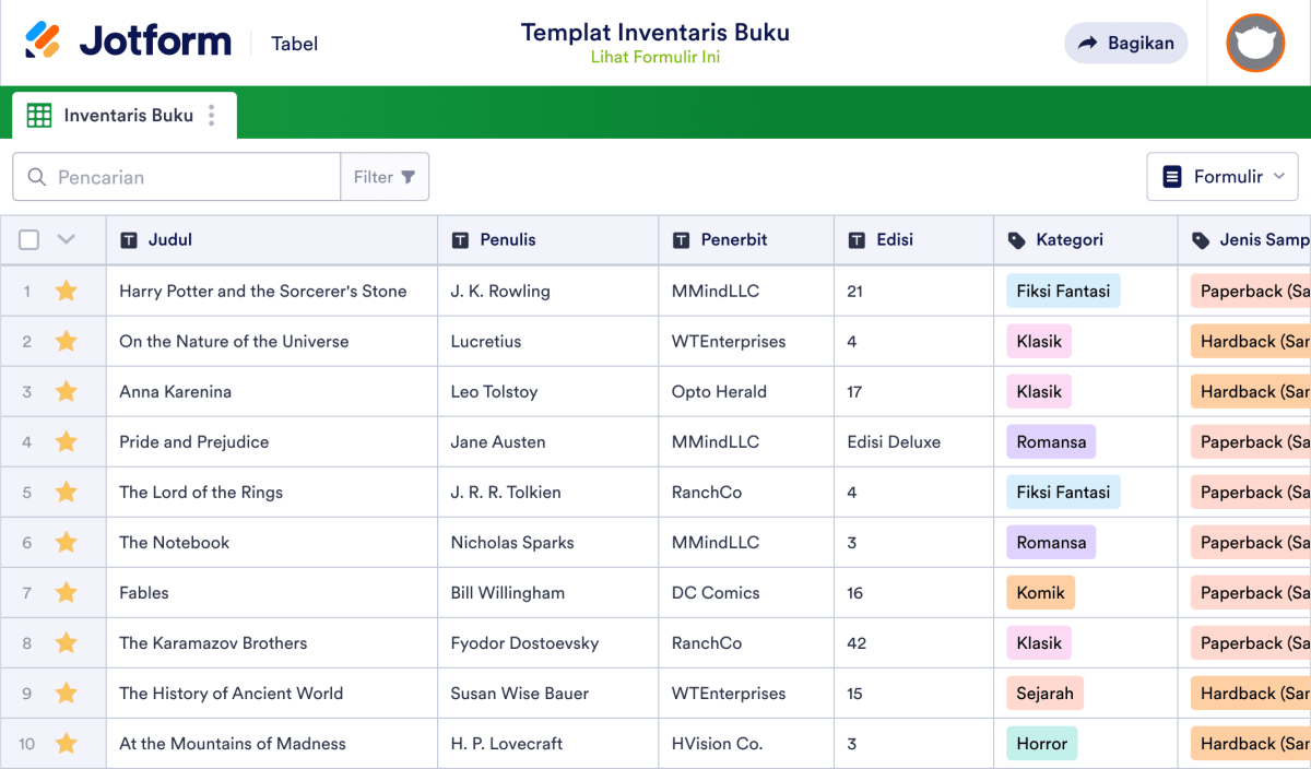 Templat Inventaris Buku Template | Jotform Table