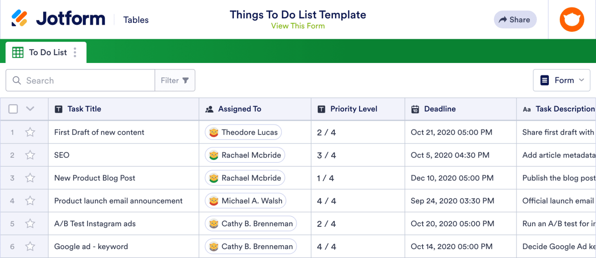 Things To Do List Template | Jotform Tables
