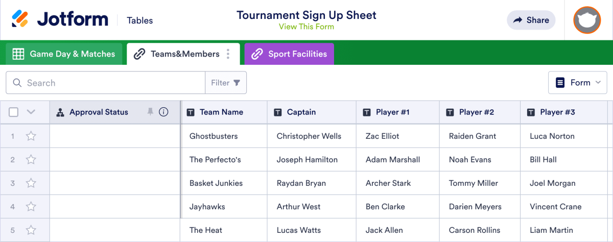 Tournament Sign Up Sheet Template | Jotform Tables