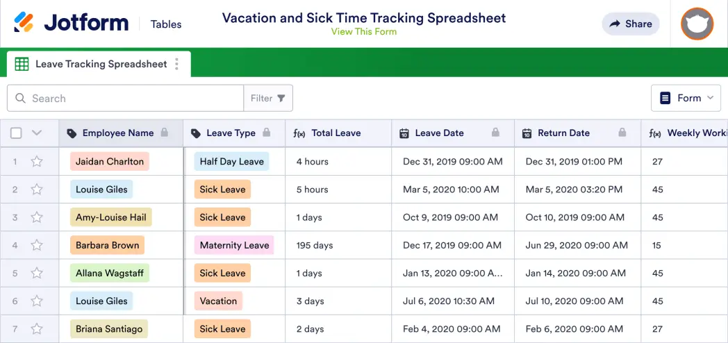 Vacation and Sick Time Tracking Sheet Template | Jotform Tables