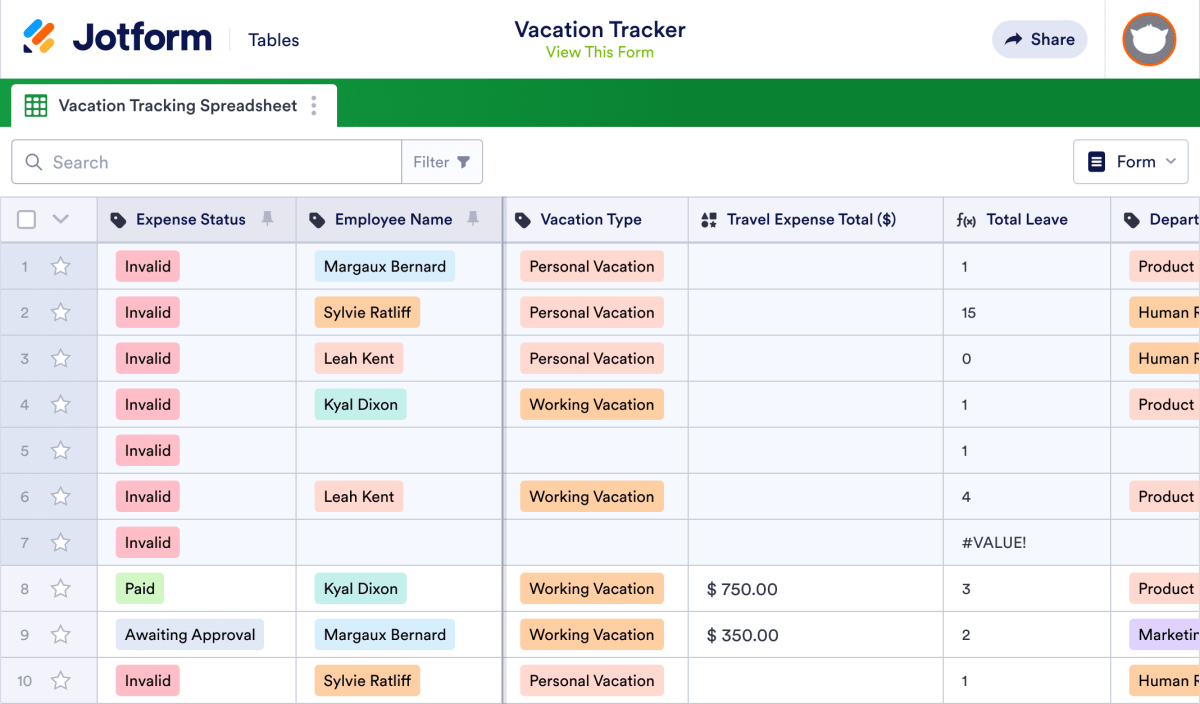 Vacation Tracker Template | Jotform Tables