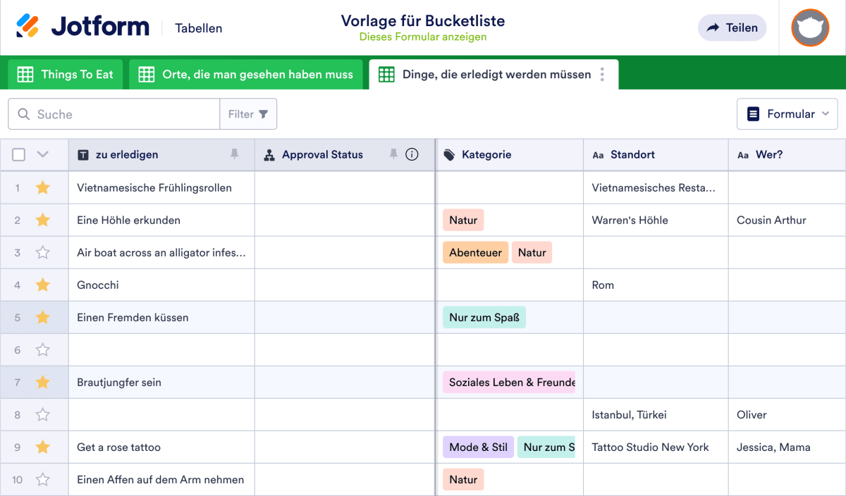Vorlage für Bucketliste Vorlage | Jotform Tabellen
