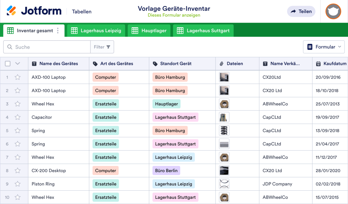 Vorlage Geräte-Inventar Vorlage | Jotform Tabellen