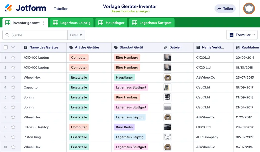 Vorlage Geräte-Inventar Vorlage | Jotform Tabellen