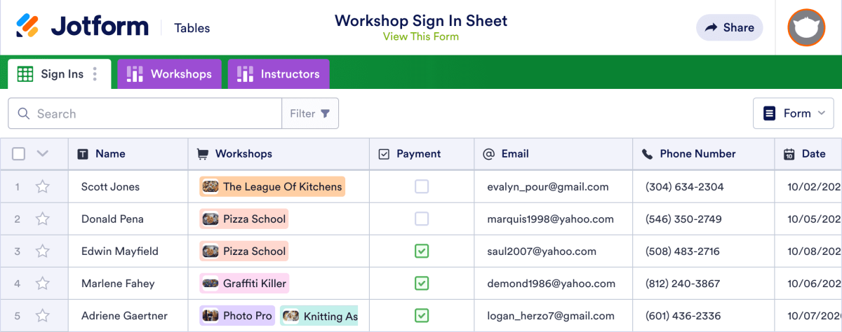 Workshop Sign In Sheet Template | Jotform Tables