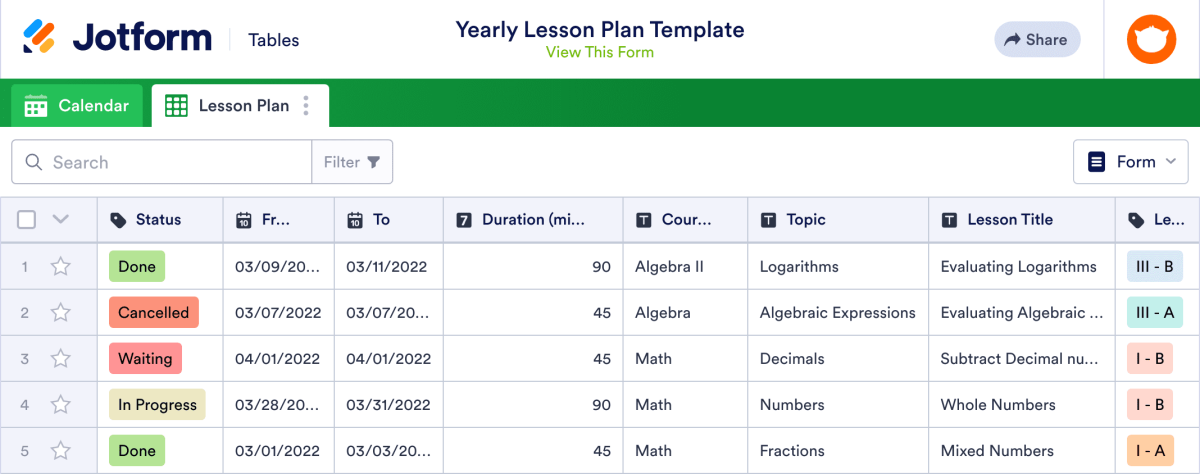 Yearly Lesson Plan Template | Jotform Tables