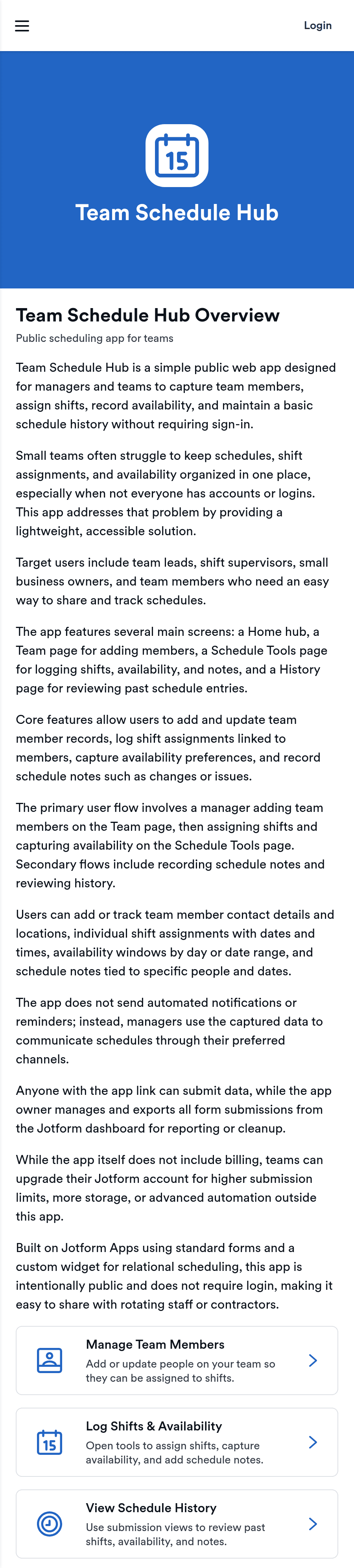 Team Schedule Hub App Template | Jotform