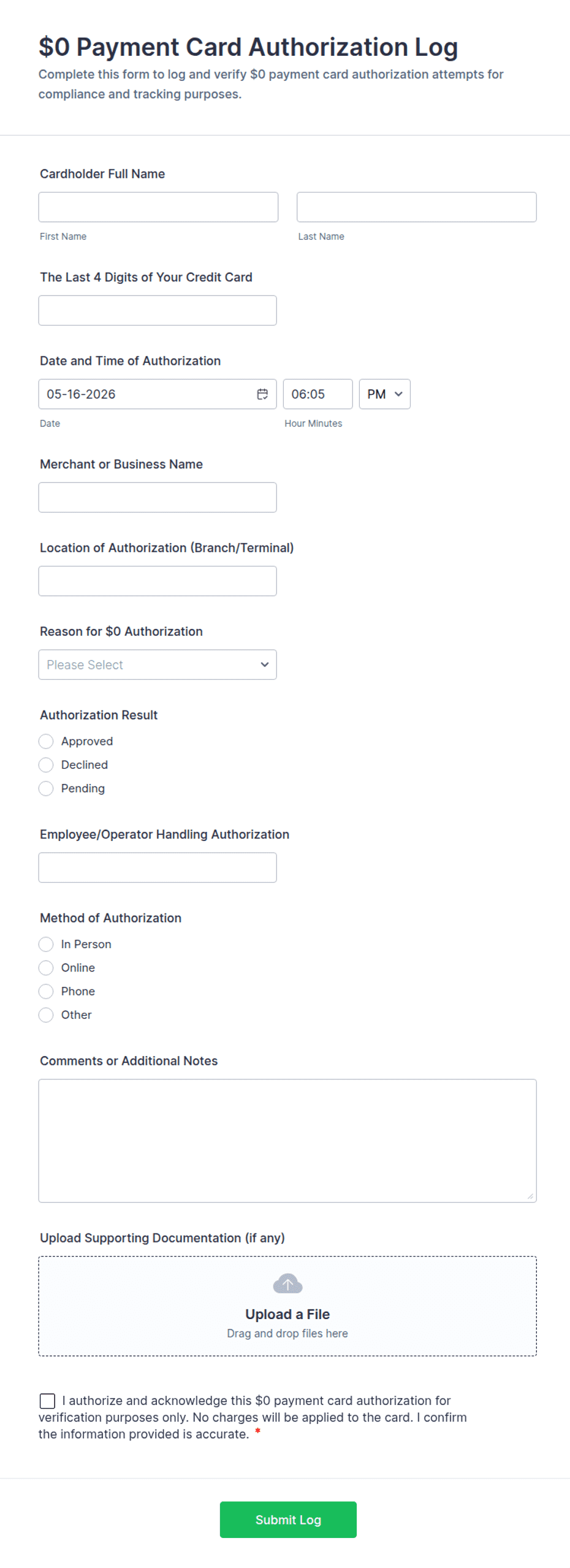$0 Payment Card Authorization Log Form Template | Jotform