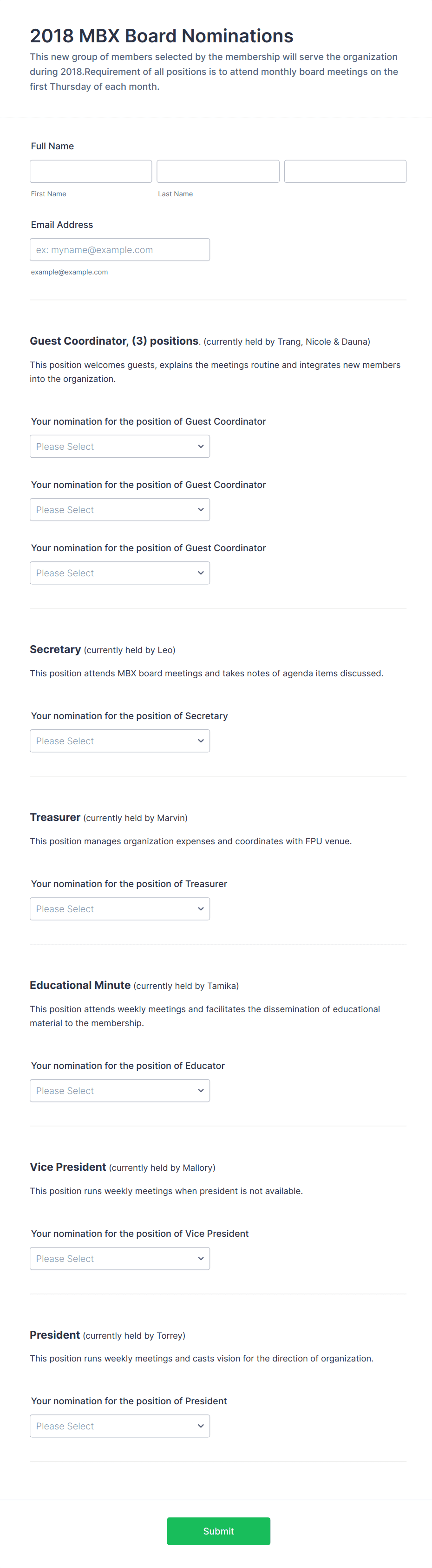 2018 MBX Board Nominations Form Template | Jotform