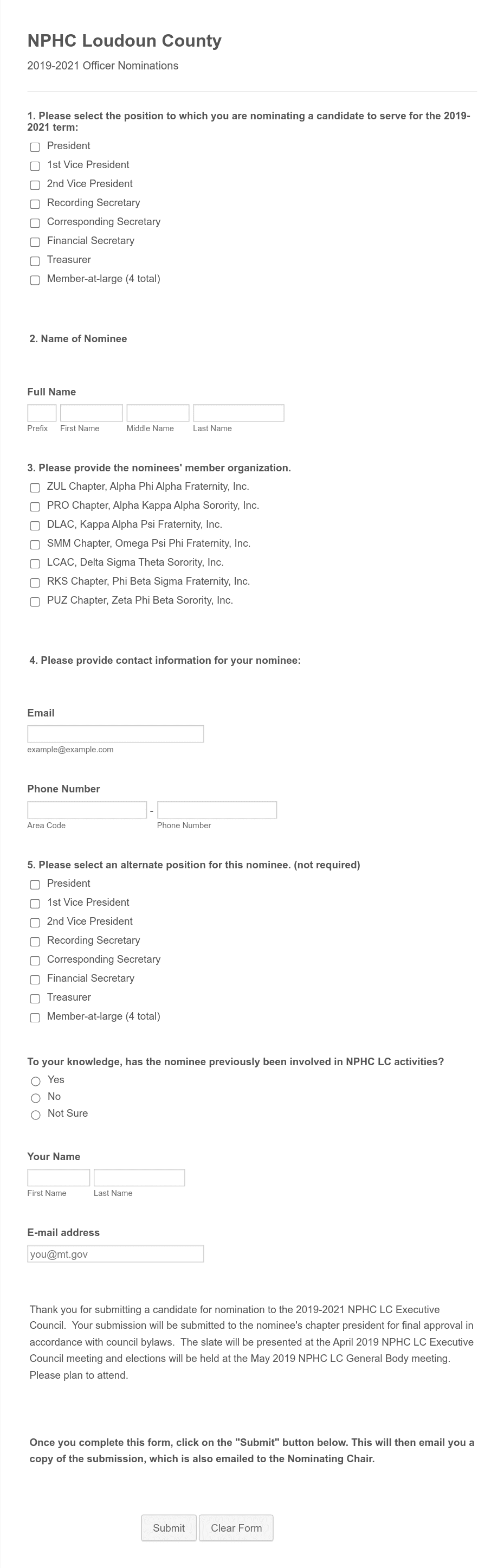 2021-2023 NPHC LC Officers Nomination Form Template | Jotform