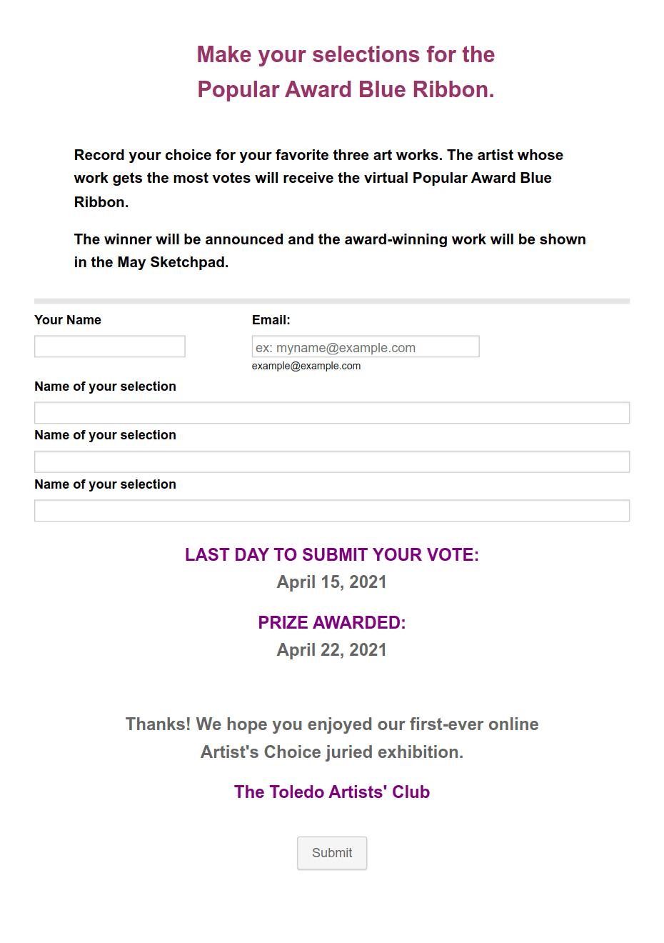 Art Show 'People's Choice' Ballot Form Template | Jotform