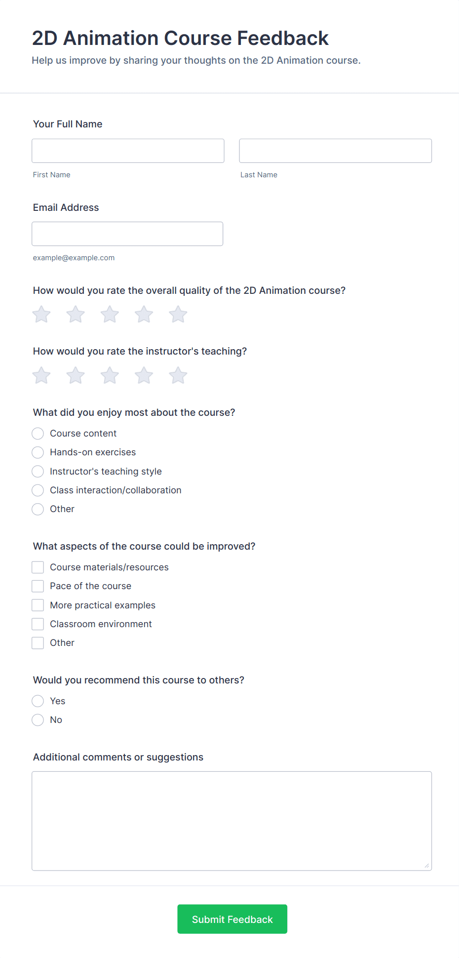 2D Animation Course Feedback Form Template | Jotform