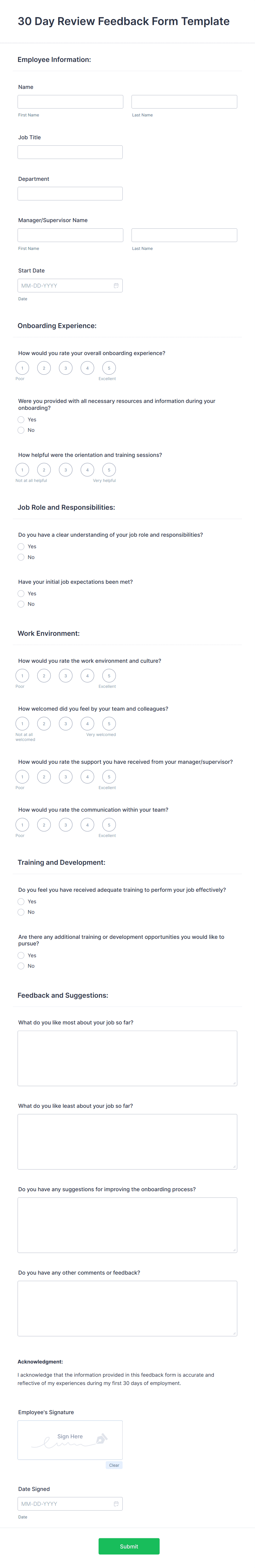 30 Day Review Feedback Form Template | Jotform