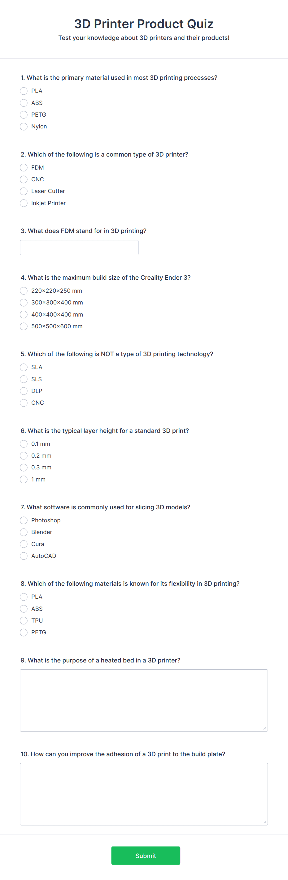 3D Printer Product Quiz Form Template | Jotform