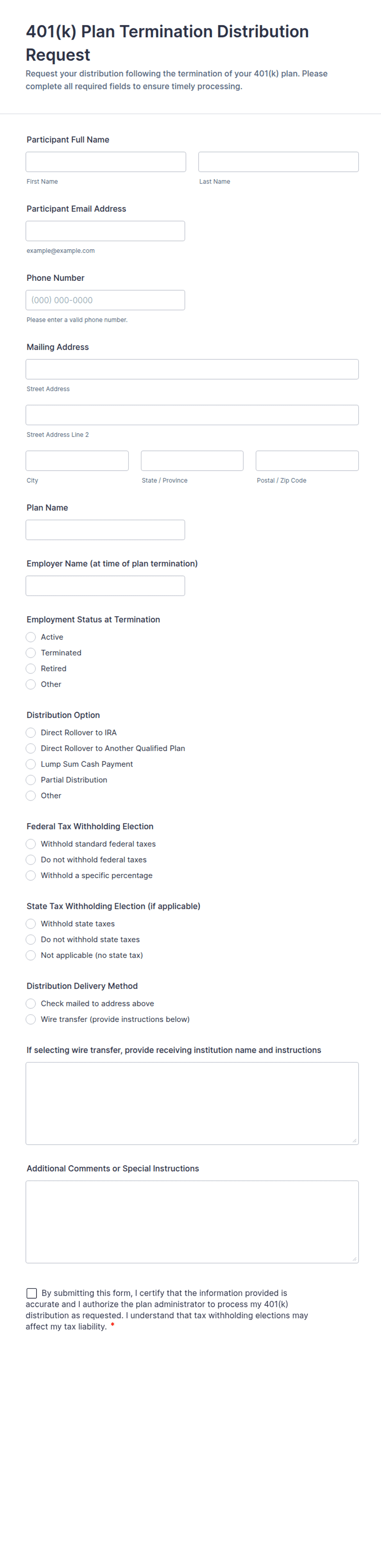 401(k) Plan Termination Distribution Request Form Template | Jotform