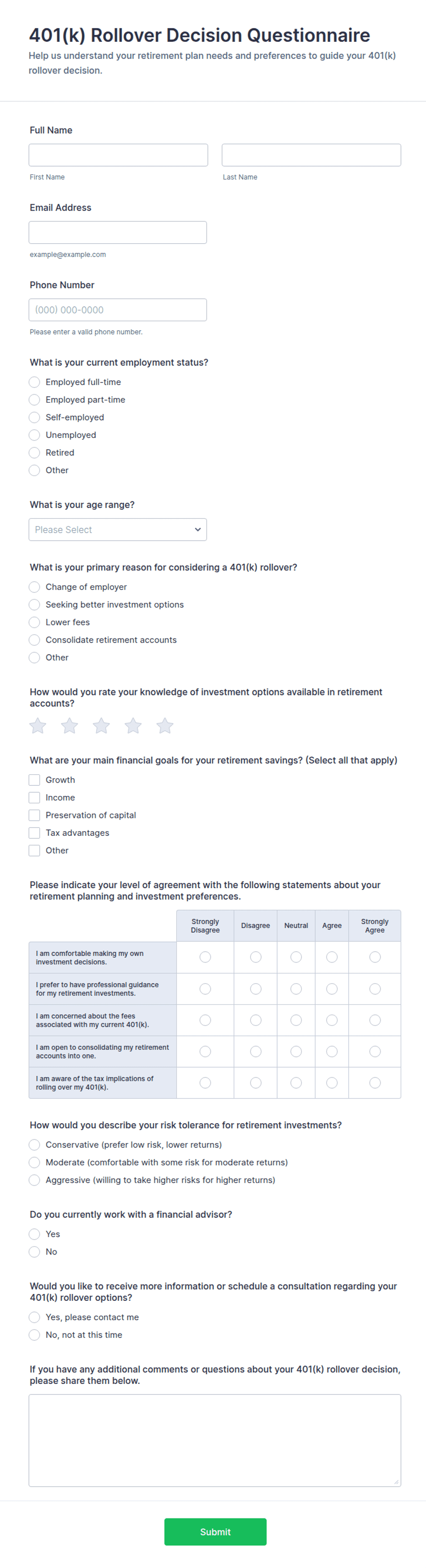 401(k) Rollover Decision Questionnaire Form Template | Jotform
