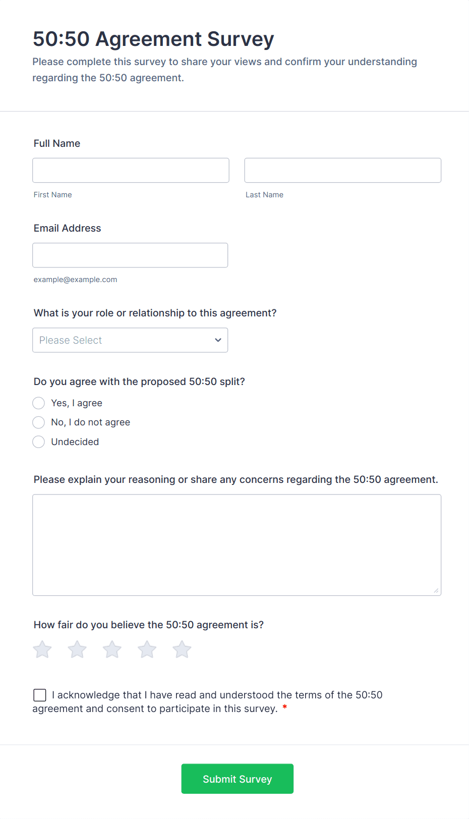 50:50 Agreement Survey Form Template | Jotform