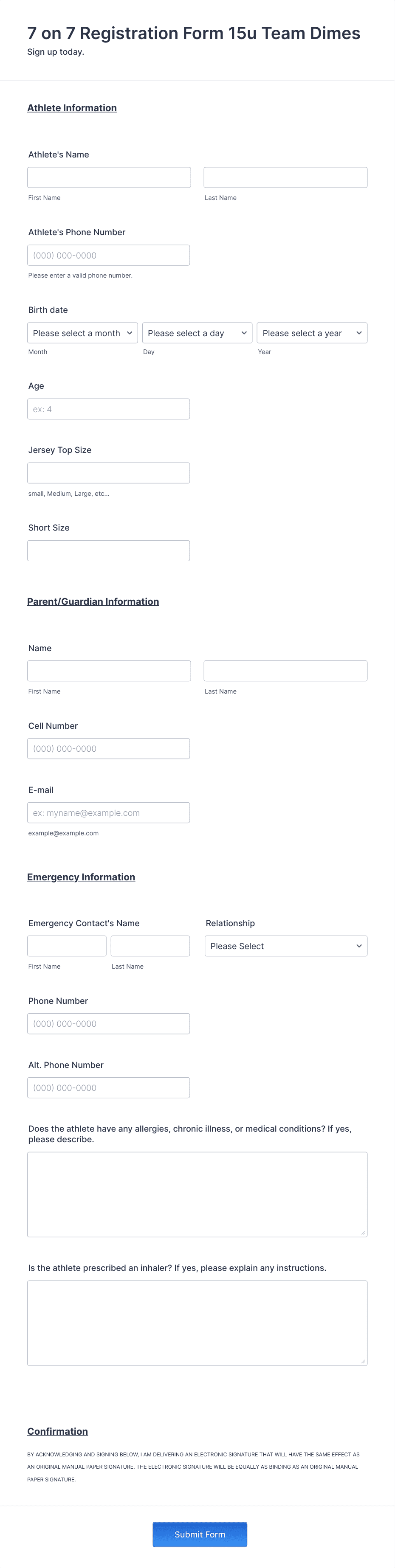 7 on 7 Team Dimes 15u Registration Form Template | Jotform