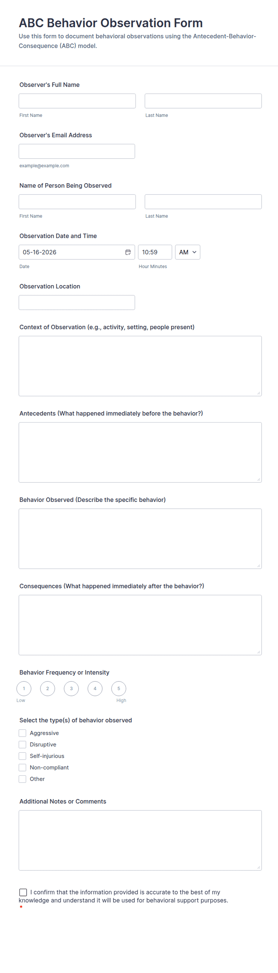 ABC Behavior Observation Form Template | Jotform