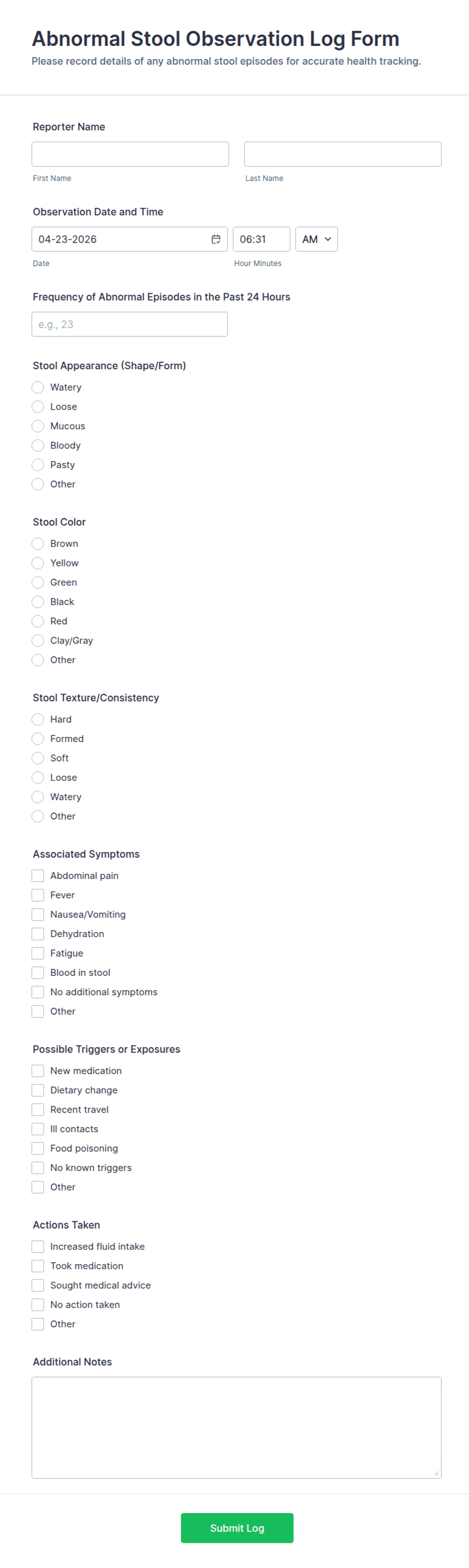 Abnormal Stool Observation Log Form Template | Jotform