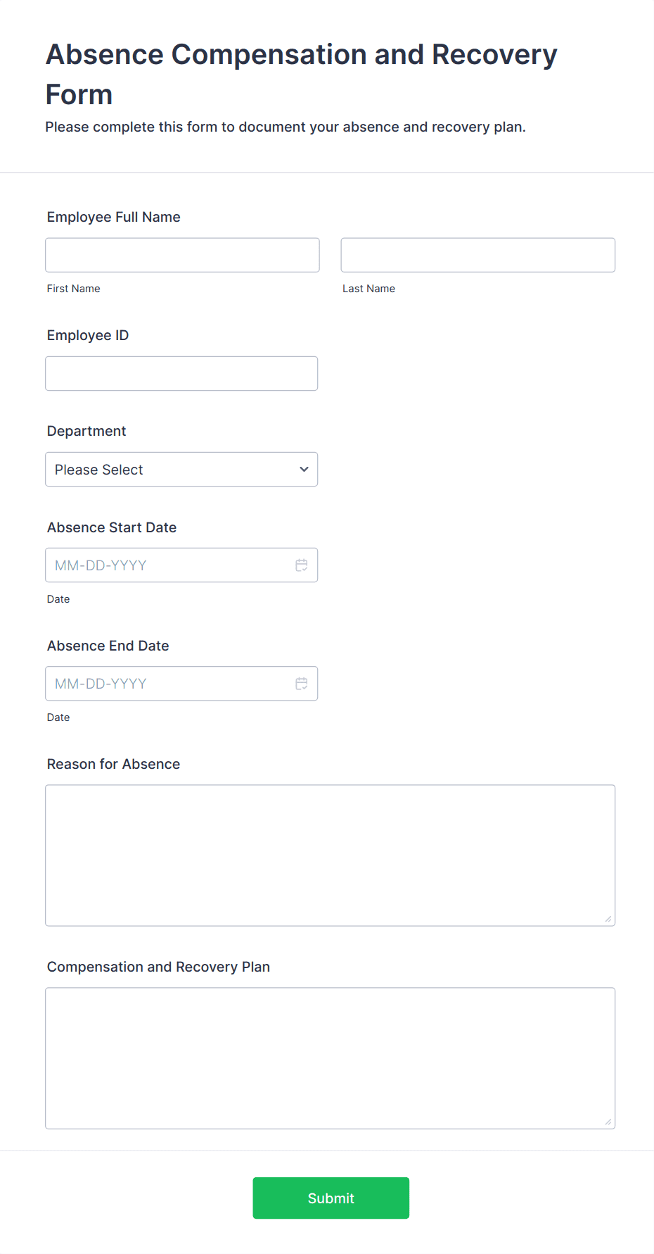 Absence Compensation and Recovery Form Template | Jotform