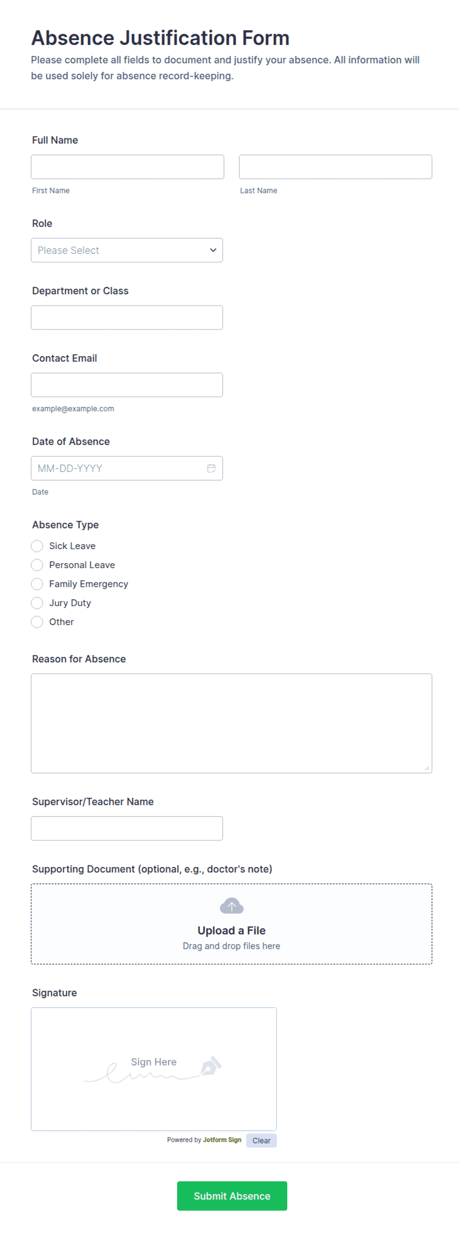 Absence Justification Form Template | Jotform