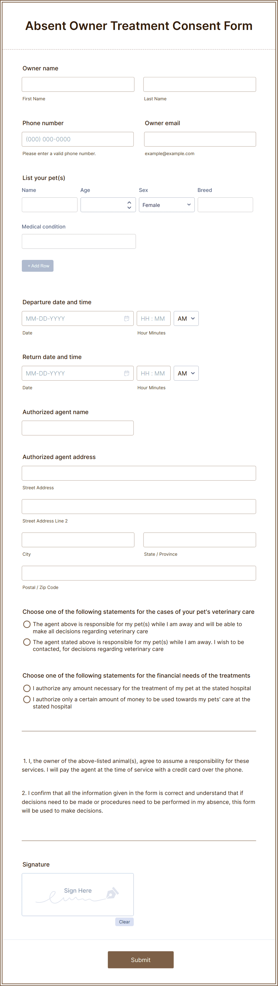 Absent Owner Treatment Consent Form Template | Jotform