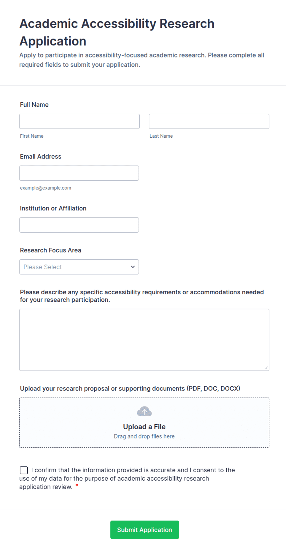 Academic Accessibility Research Application Form Template | Jotform