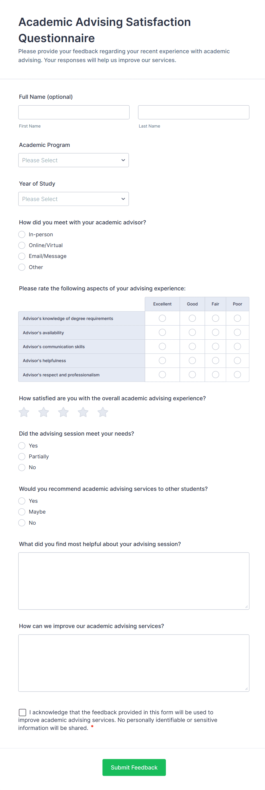Academic Advising Satisfaction Questionnaire Form Template | Jotform