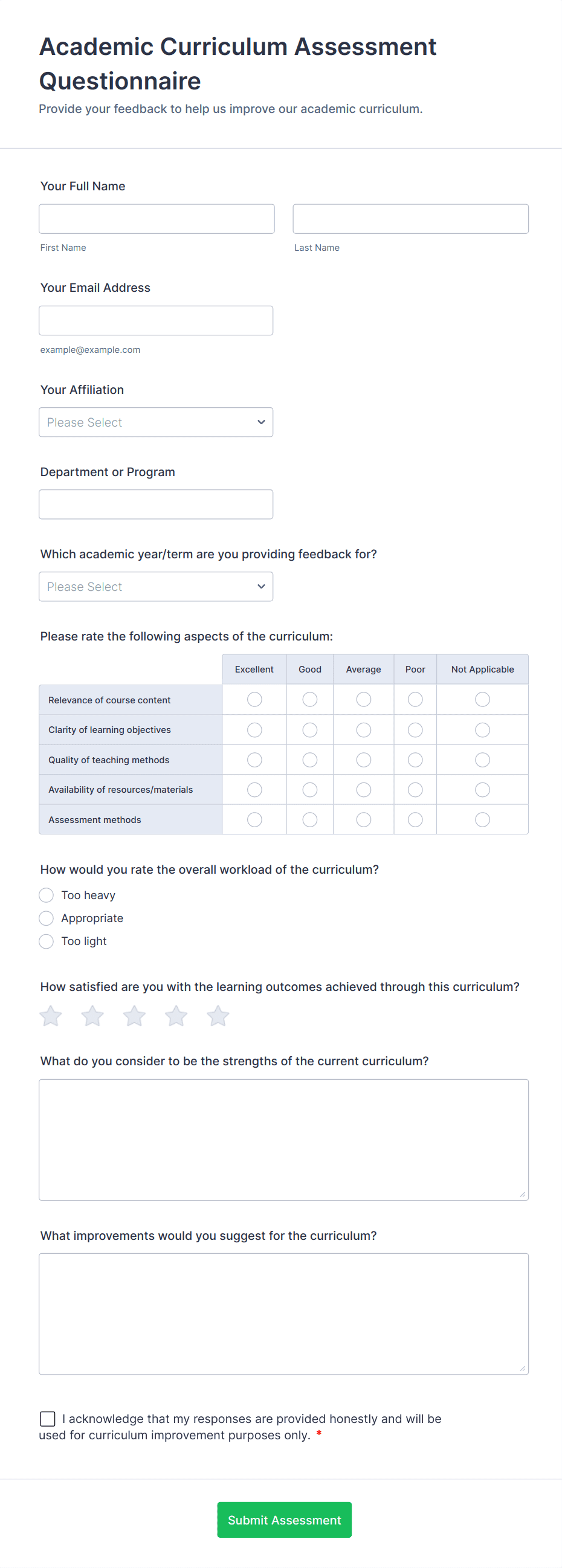 Academic Curriculum Assessment Questionnaire Form Template | Jotform