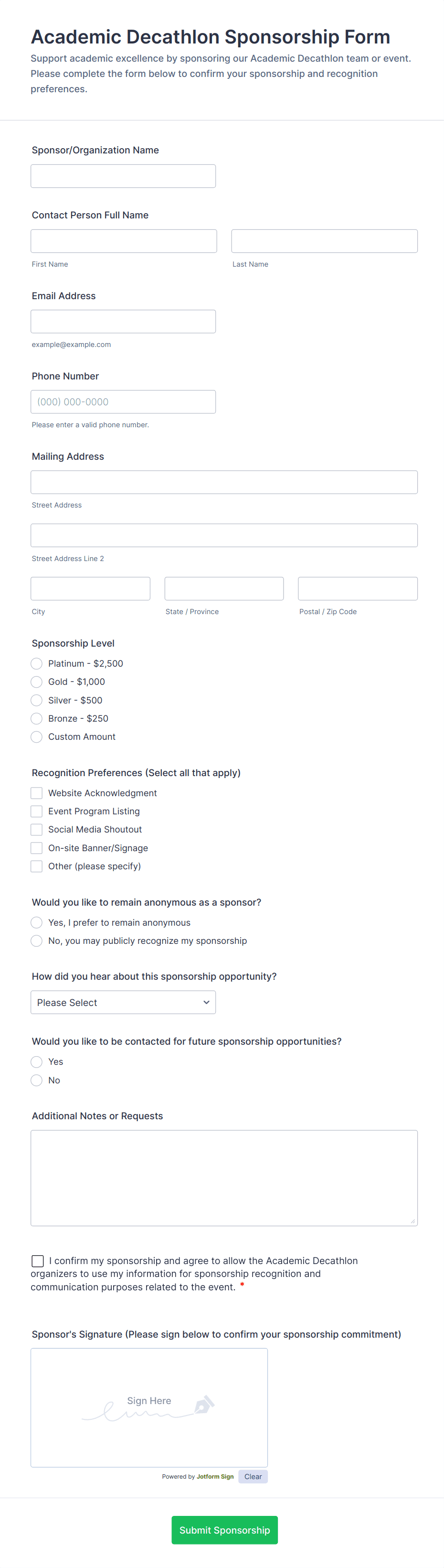 Academic Decathlon Sponsorship Form Form Template | Jotform