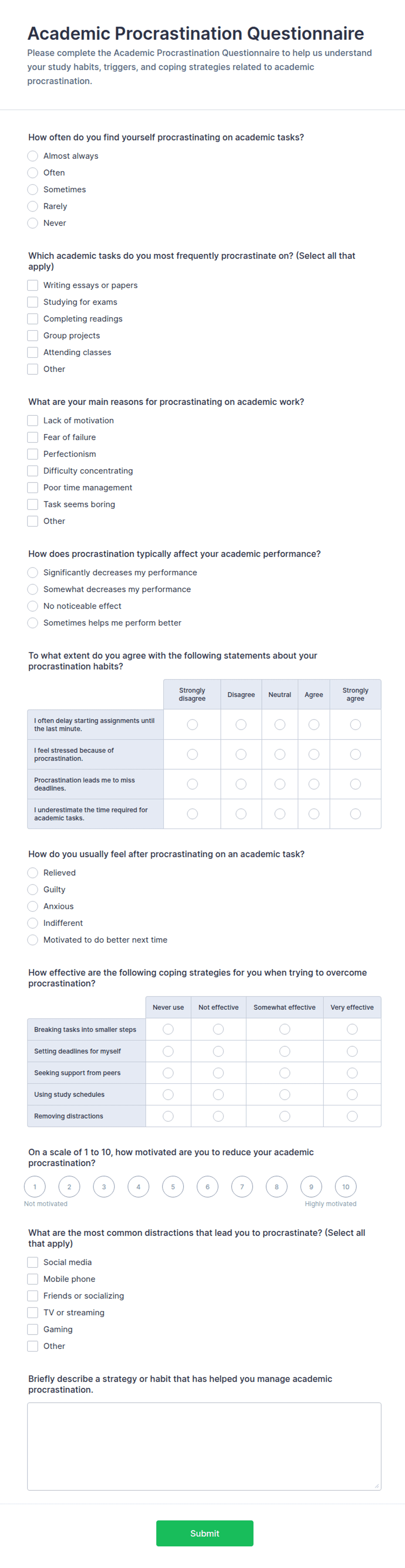 Academic Procrastination Questionnaire Form Template | Jotform