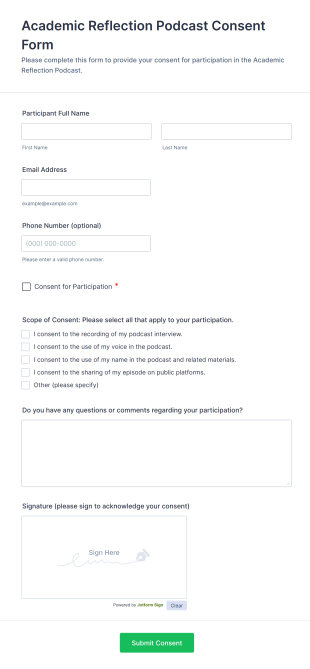 Academic Reflection Podcast Consent Form Template | Jotform
