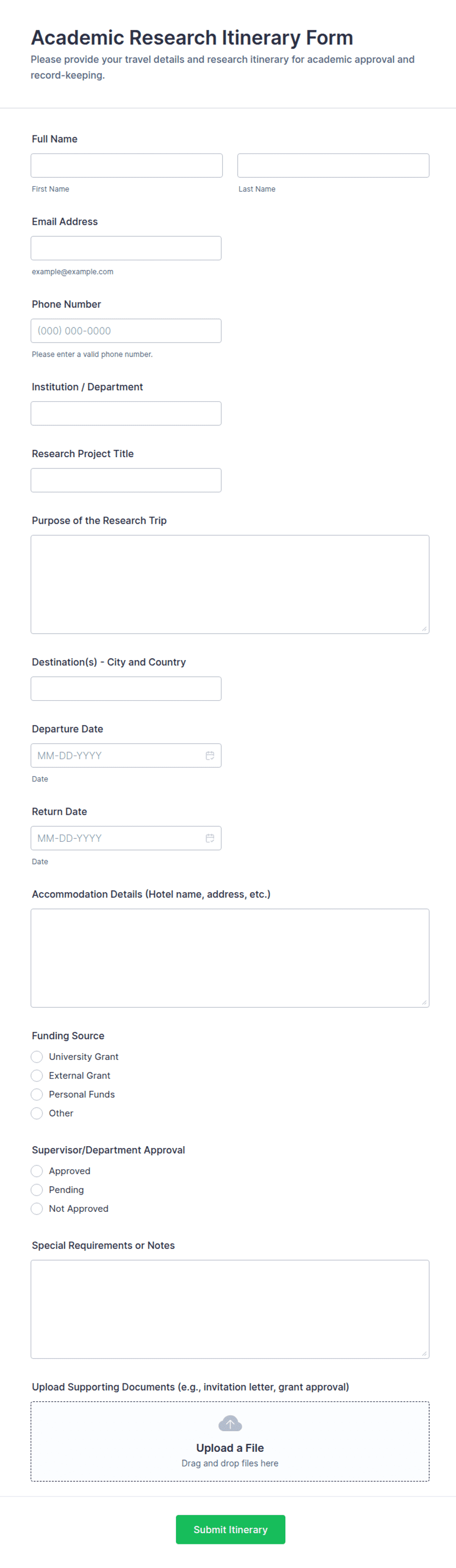 Academic Research Itinerary Form Template | Jotform