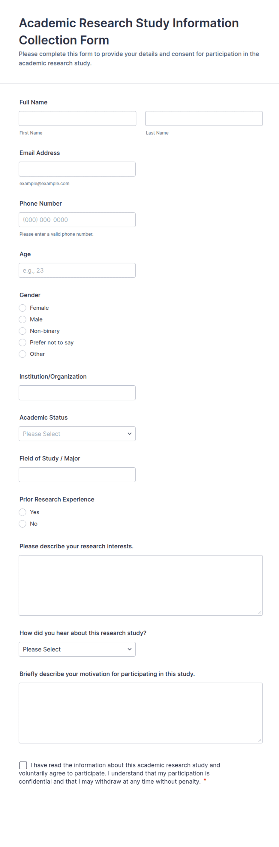 Academic Research Study Information Collection Form Template | Jotform