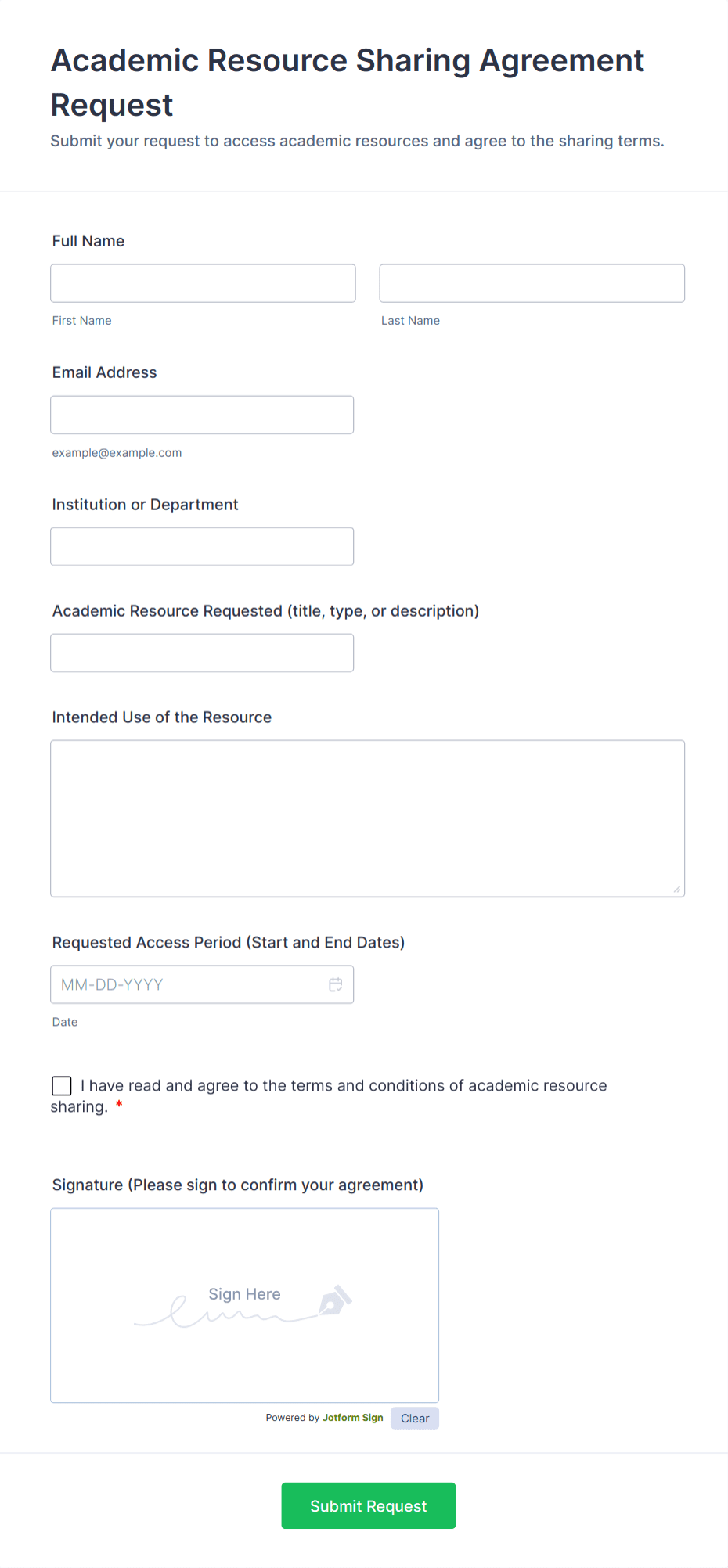 Academic Resource Sharing Agreement Request Form Template | Jotform