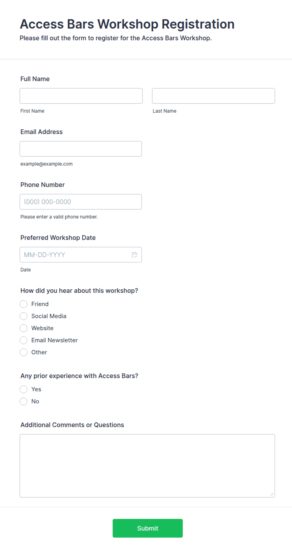 Access Bars Workshop Registration Form Template | Jotform