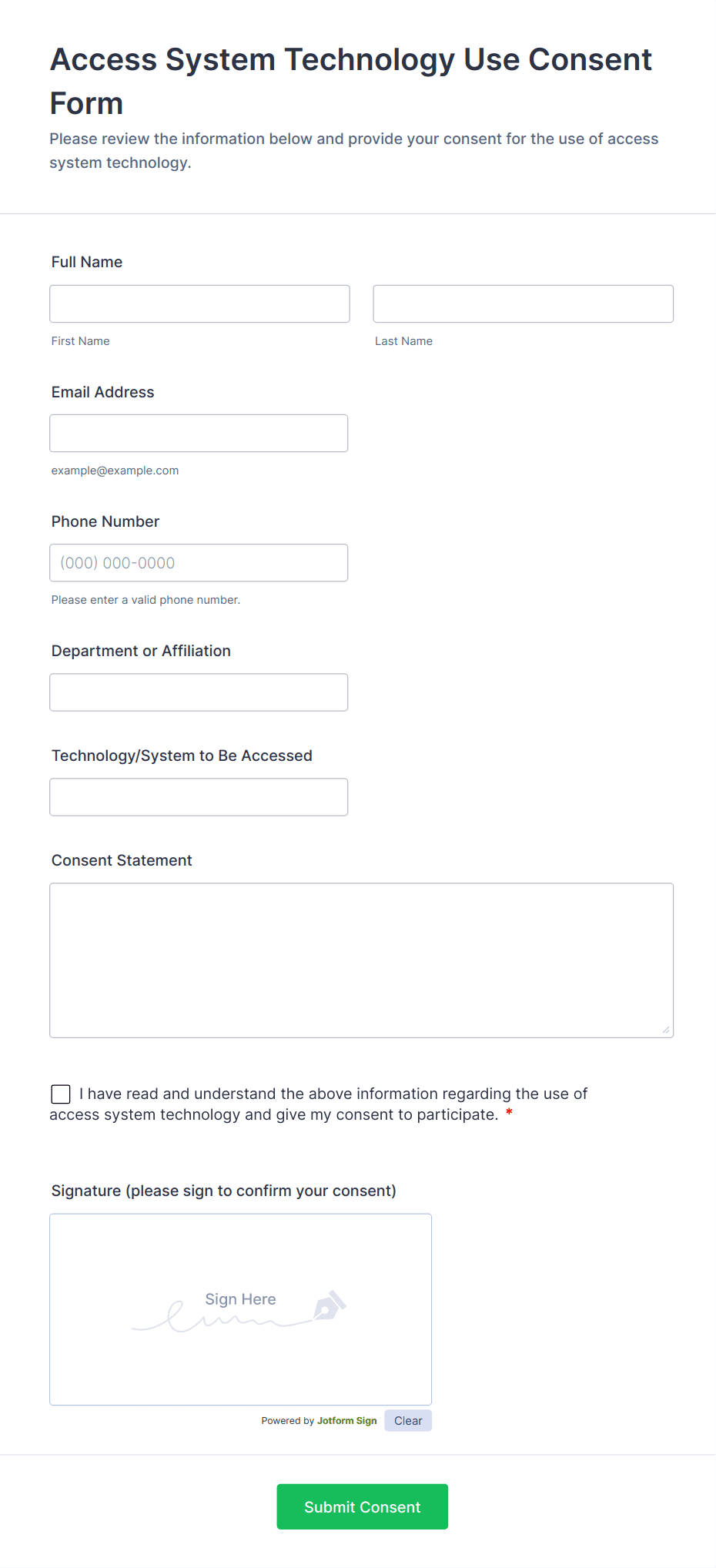 Access System Technology Use Consent Form Template | Jotform
